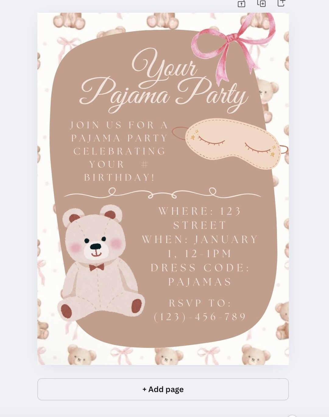 Coquette Teddy Bear Pajama Party Invitation Template, Cute Aesthetic ...