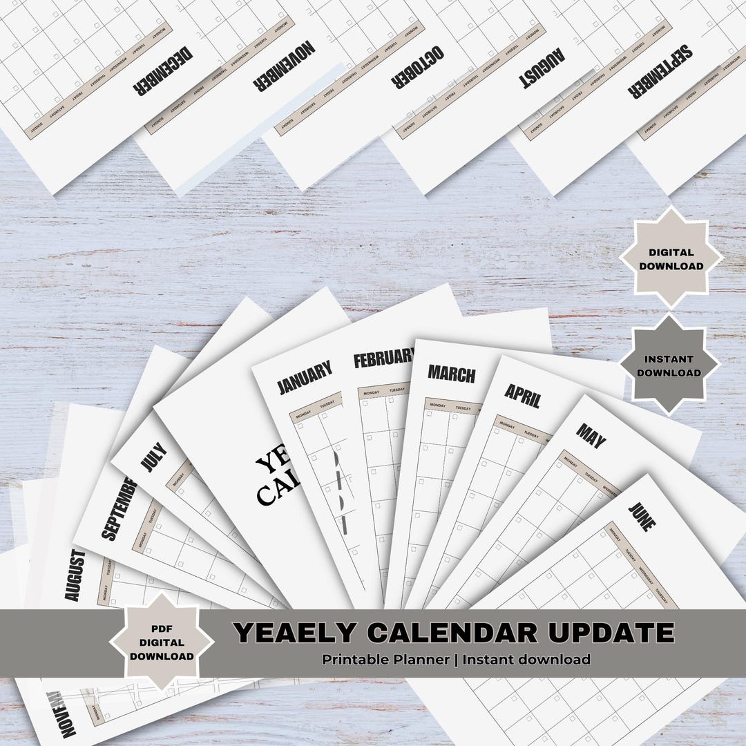 Yearly Calendar Update Yearly Printable Calendar Digital Download ...