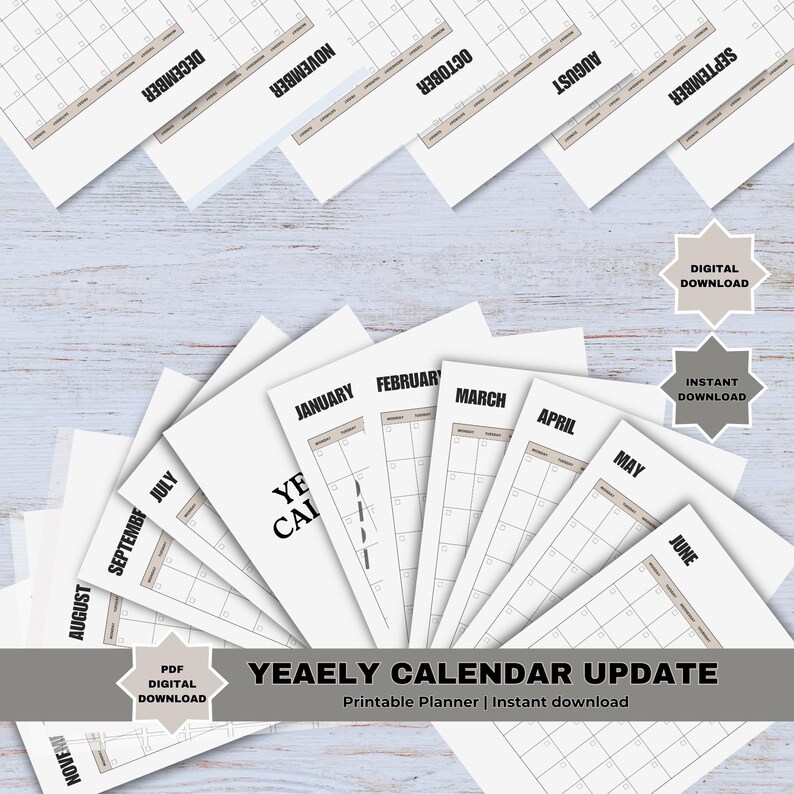 Yearly Calendar Update Yearly Printable Calendar Digital Download ...