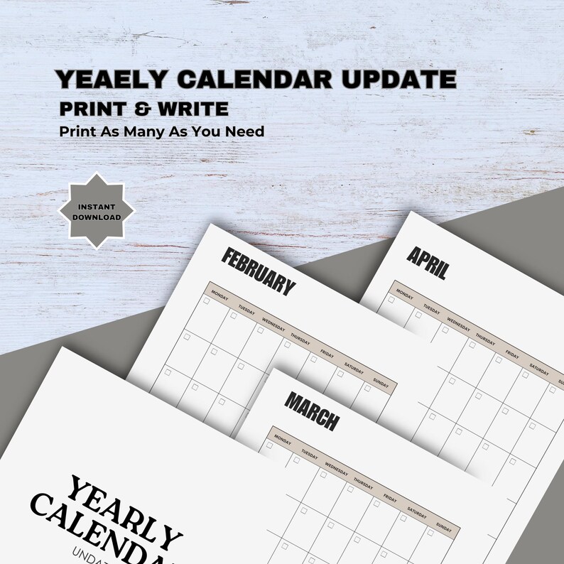 Yearly Calendar Update Yearly Printable Calendar Digital Download ...