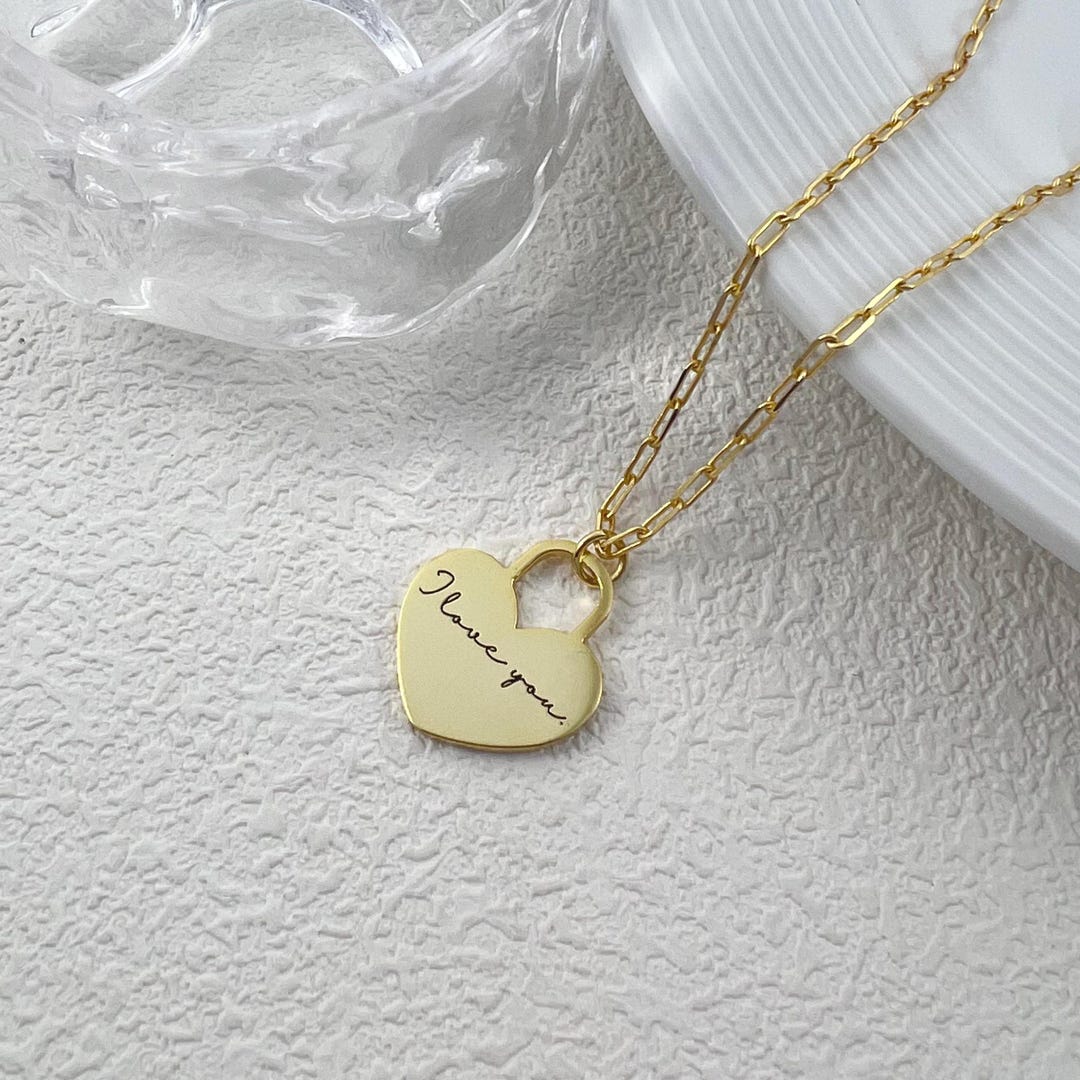 Custom Engraved Heart Lock Necklace: Engraved Handwriting Necklace With ...