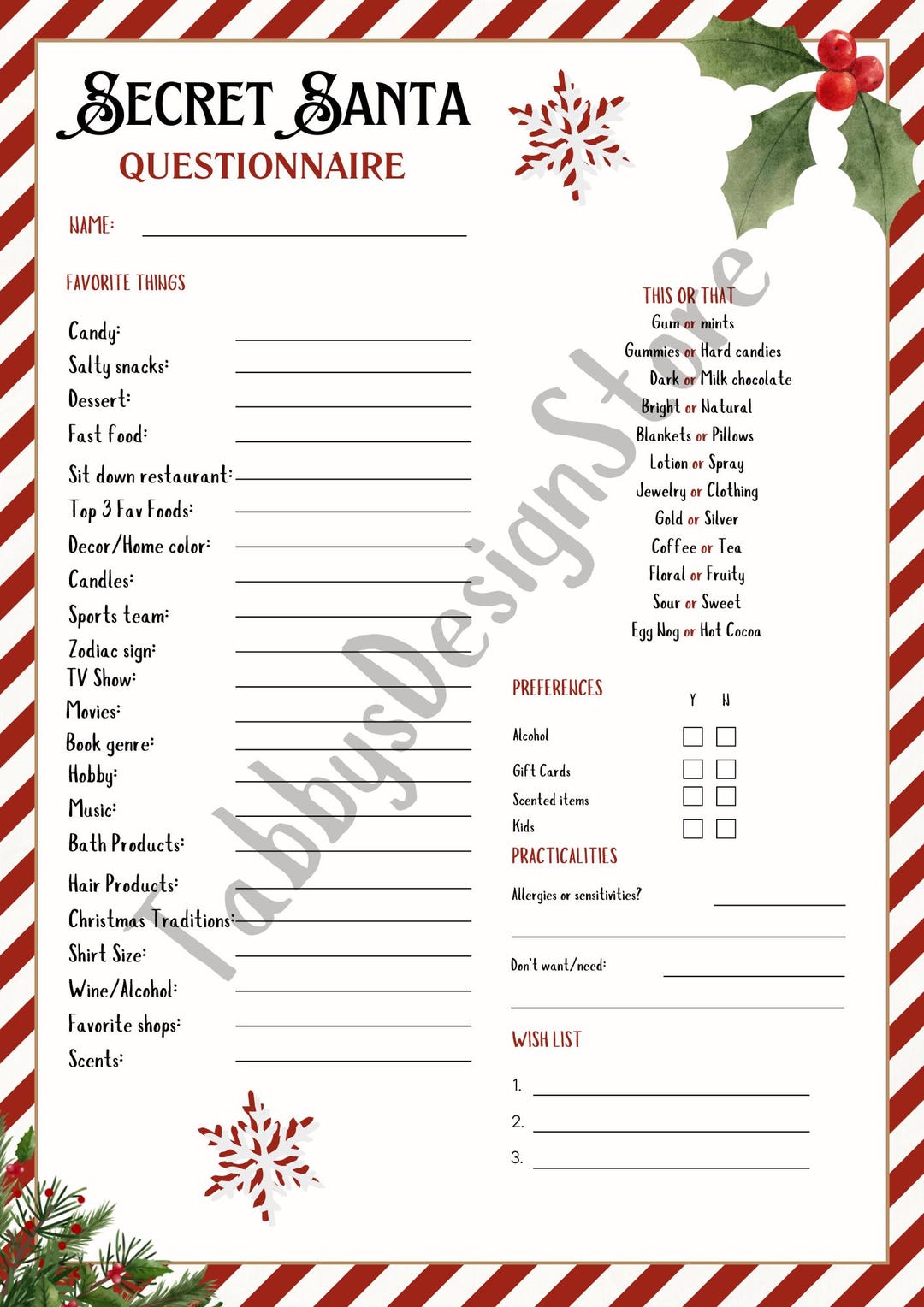 Secret Santa Questionnaire Template - Etsy