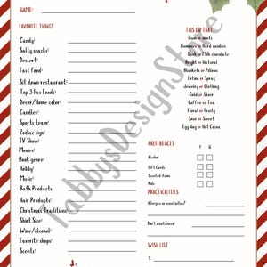 Secret Santa Questionnaire Template - Etsy