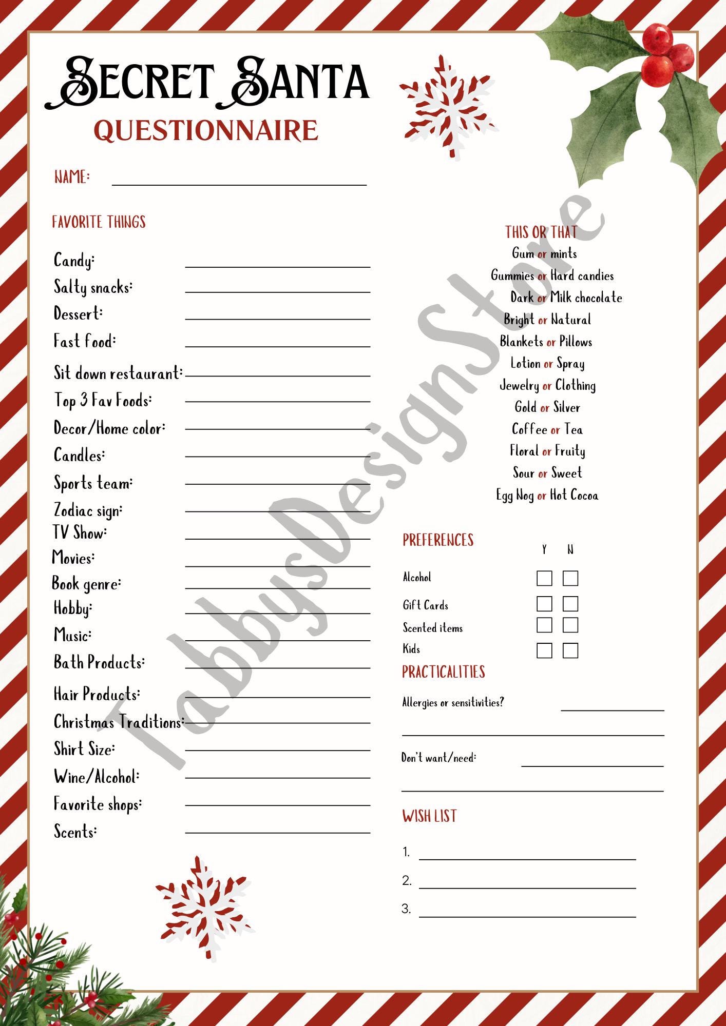 Secret Santa Questionnaire Template - Etsy