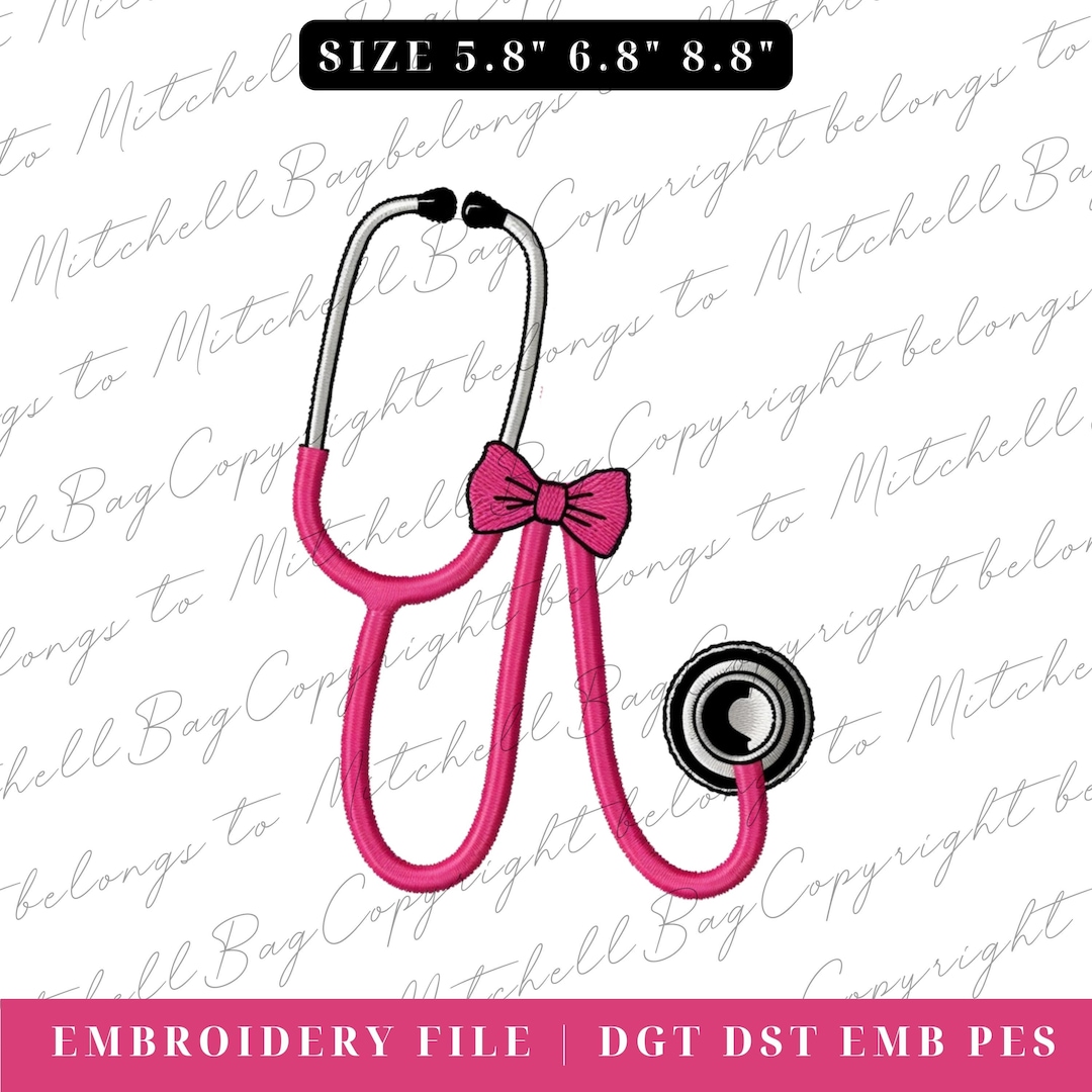 Pink Therapist Medic Stethoscope Side Bow Applique Digital Embroidery ...