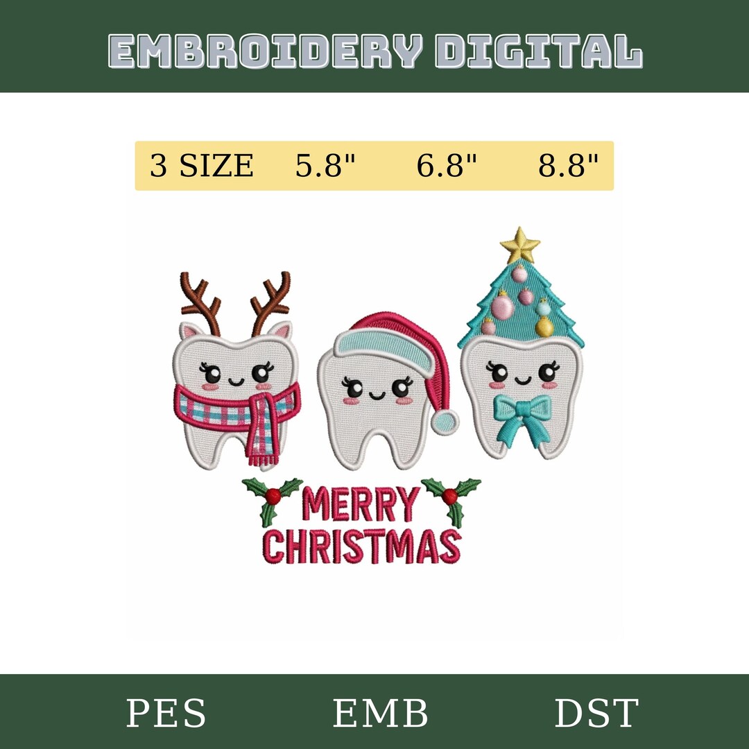 Adorable Tooth Christmas Embroidery Design - 3 Size Options, Dental ...
