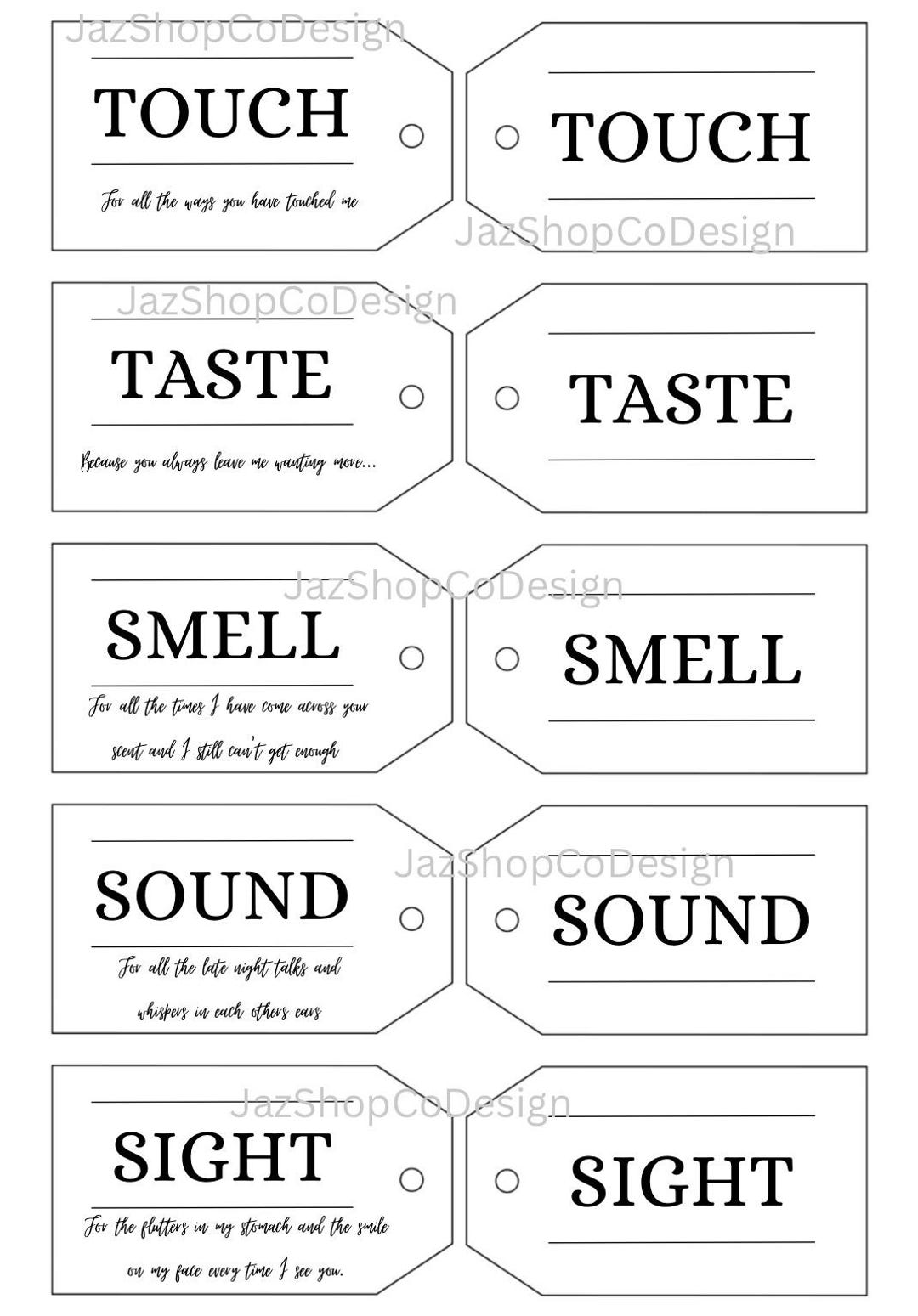 Digital Download Gift Label 5 Senses, Birthday/valentines/christmas ...