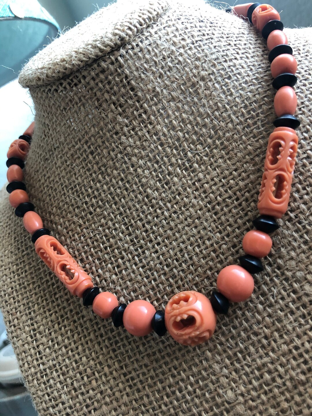 Vintage Carved Celluloid Beads 1940's Plastic Bead Choker Necklace ...
