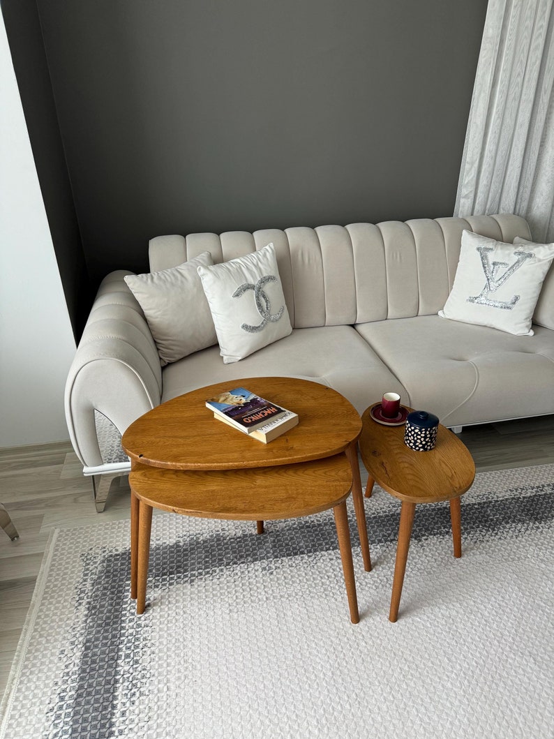 Modern Nesting Table Set Natural Wooden, Asymmetrical Solid Wood Coffee Table, Scandinavian ...