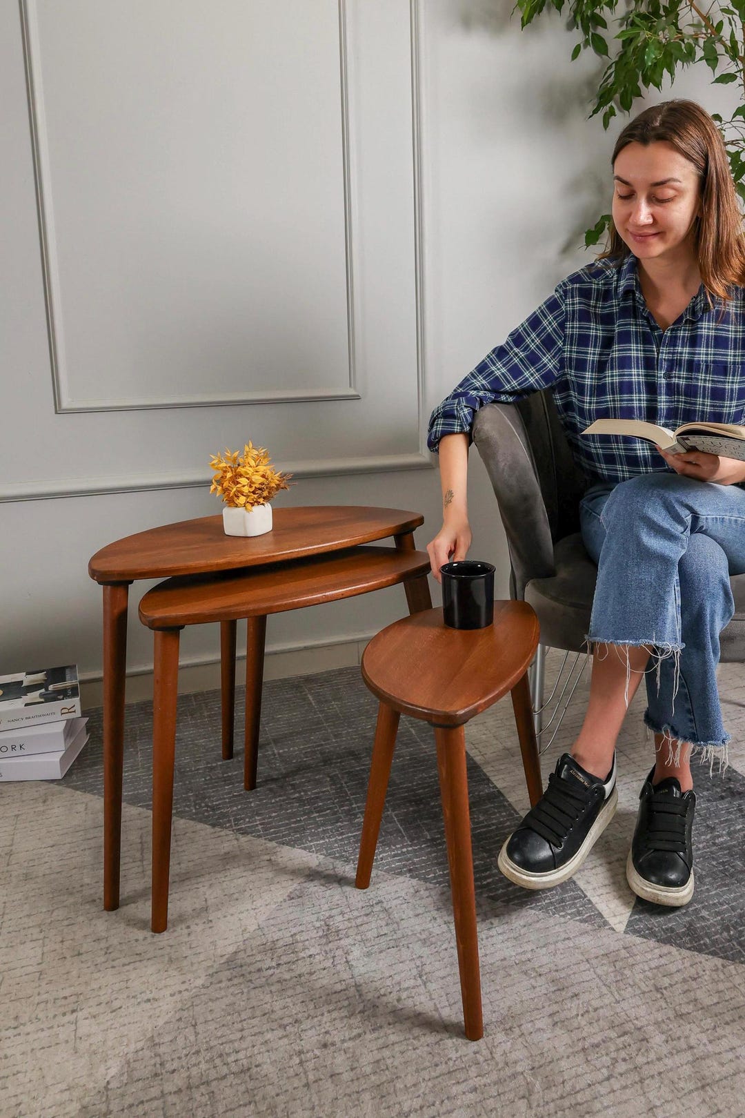 Solid Nesting Table Set of 3, Birch Mid Century Pebble Tables With Wood Tapered Legs, Portable ...