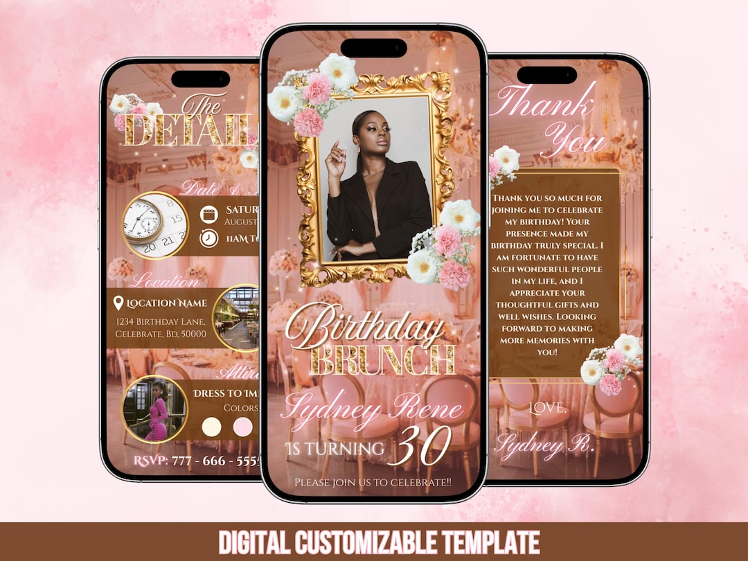 Elegant Digital Birthday Brunch Invitation Template | Pink and Gold ...