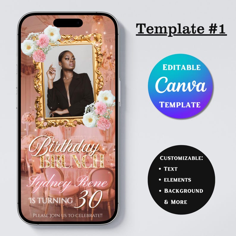 Elegant Digital Birthday Brunch Invitation Template | Pink and Gold ...