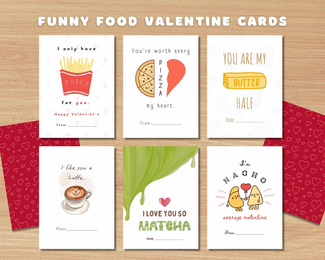 Funny Valentines Day Card Set of 6 Food Themed Valentines Bundle of 6 ...