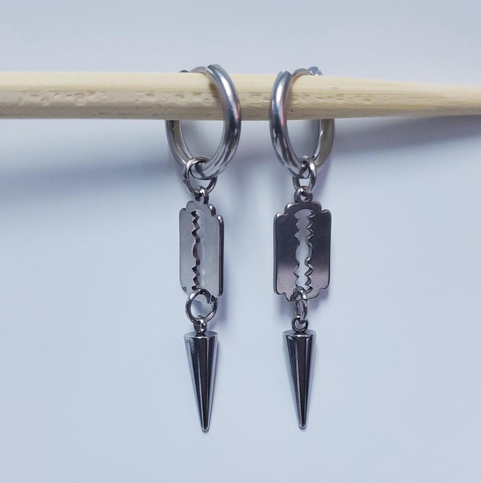 Razor Blade Dangle Earrings / Cone Hoop Earrings | Hollow Blade, Grunge ...