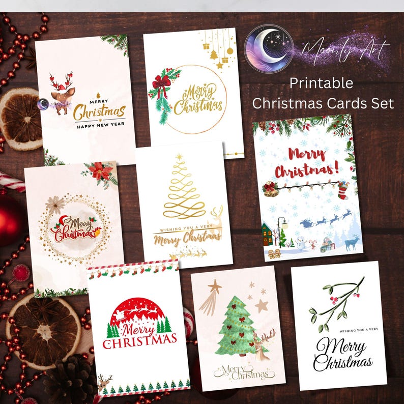 Christmas Cards Pack Printable Greeting Cards Set of 8 Holiday Cards ...