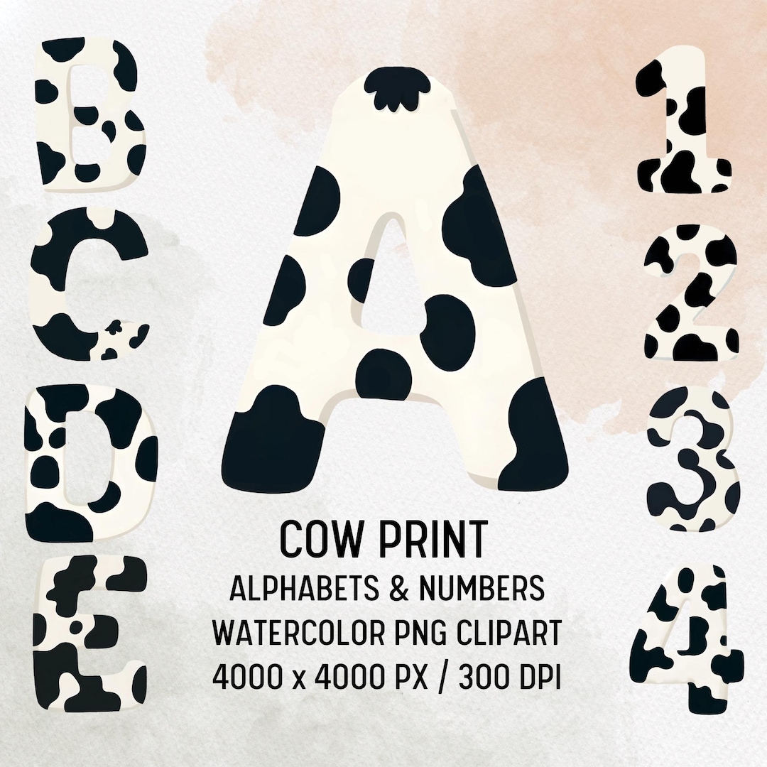 Cow Print Alphabet Clipart, Farm Animal Letters PNG, Black and White ...
