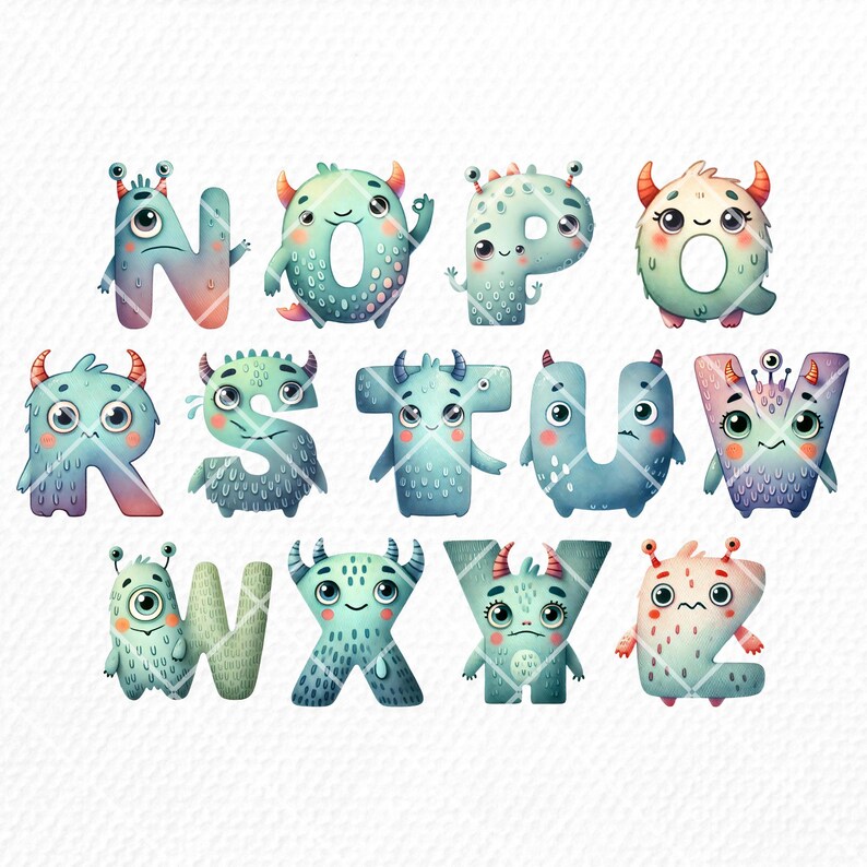 Monster Alphabet Clip Art: Watercolor Letters (digital Download) - Etsy