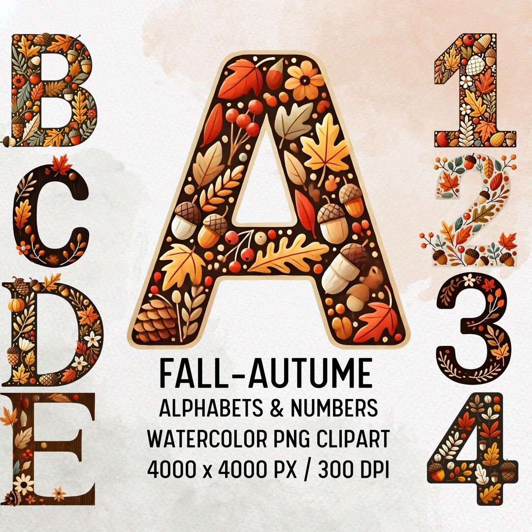 Watercolor Autumn Alphabet, Numbers PNG, Fall Letters Digital Download ...