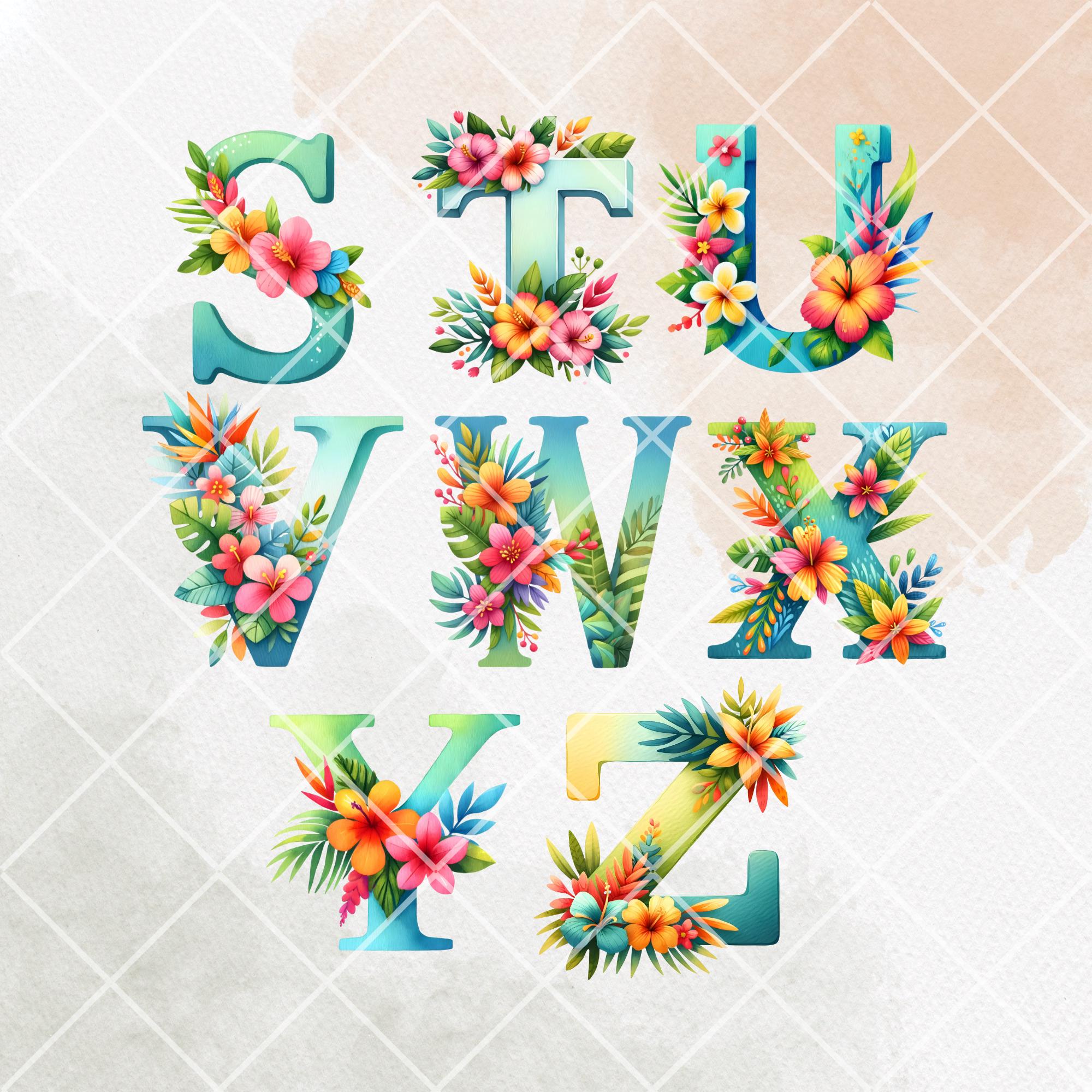 Tropical Floral Alphabet Clipart: PNG Watercolor Letters (digital ...