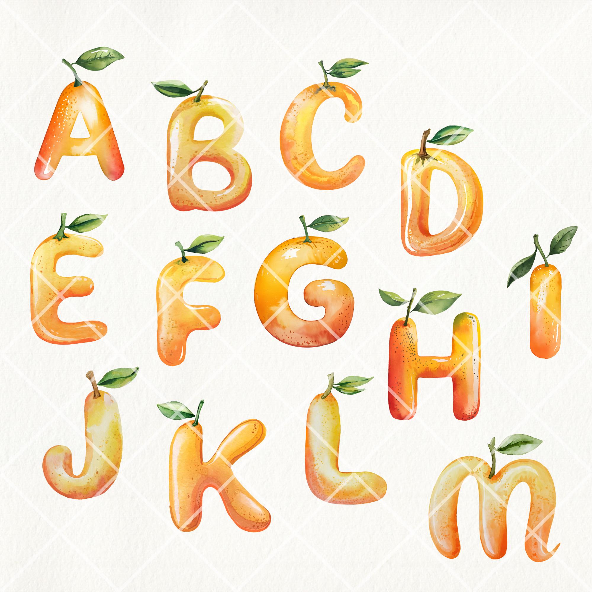 Watercolor Orange Alphabet Letters PNG Clipart Set, Citrus Fruit Font ...