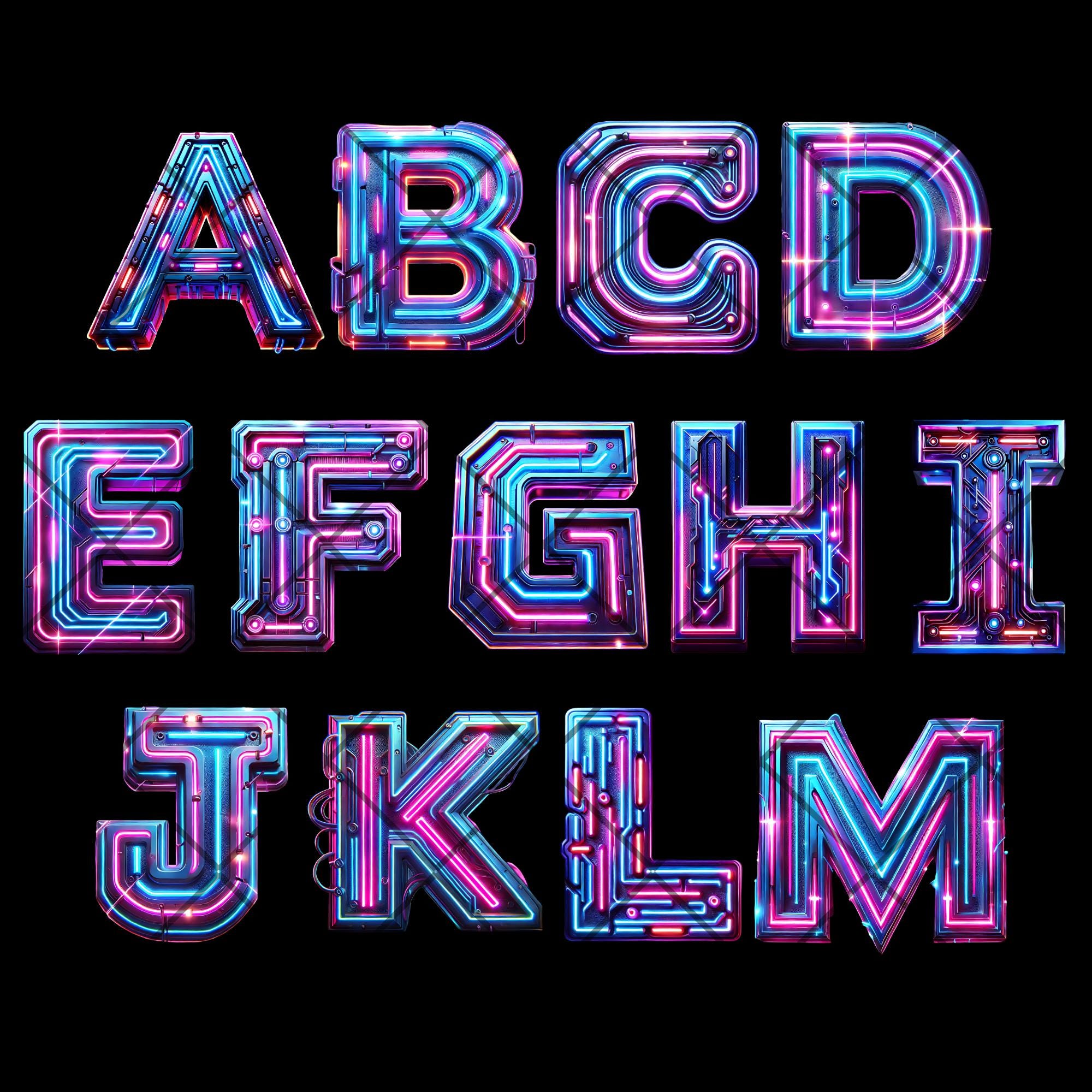 Cyberpunk Neon Alphabet Clipart, Neon Letters PNG Designs, Neon Font ...