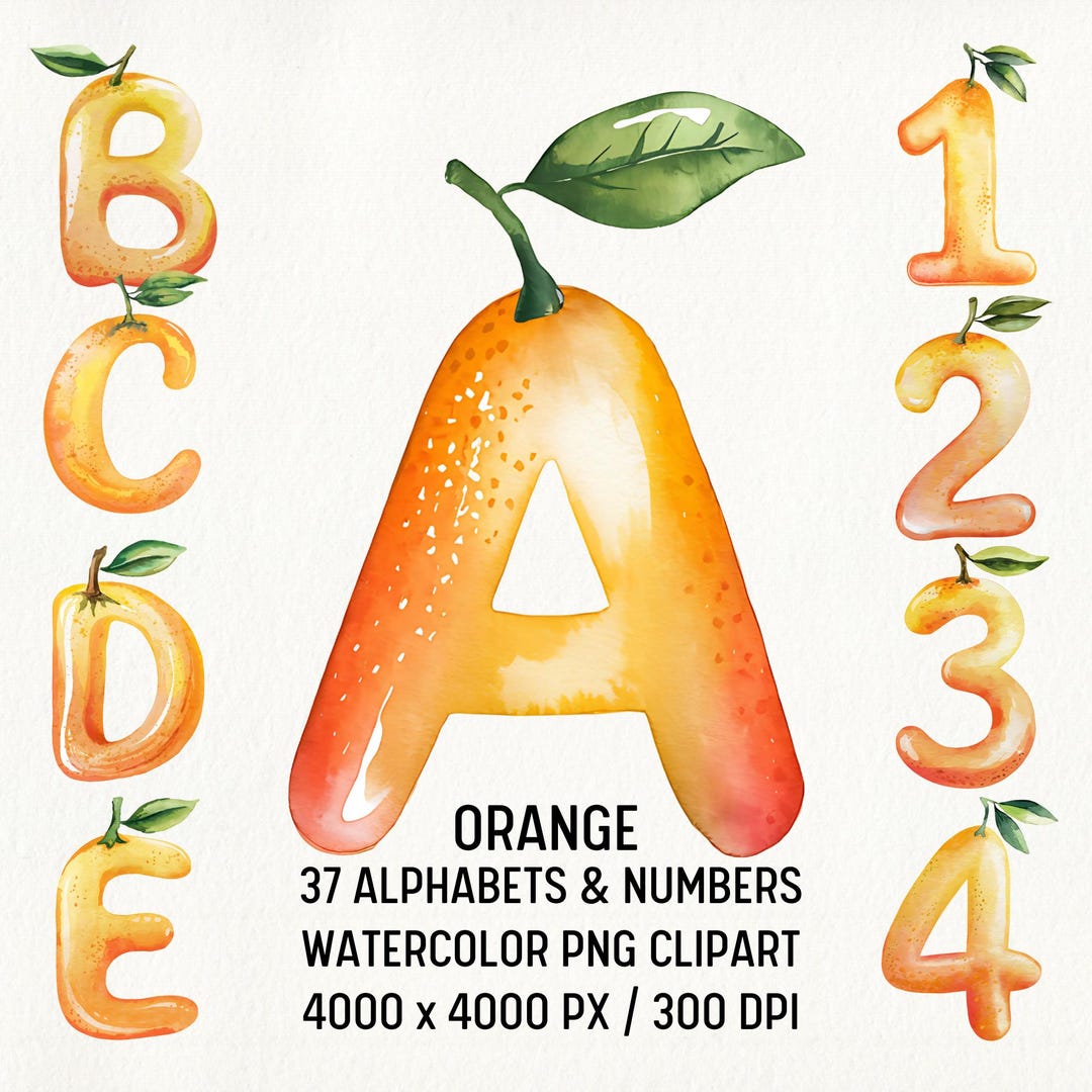 Watercolor Orange Alphabet Letters PNG Clipart Set, Citrus Fruit Font ...