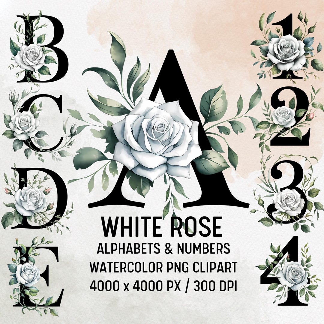 Watercolor Flowers Alphabet PNG, White Rose Black Alphabets Clipart ...