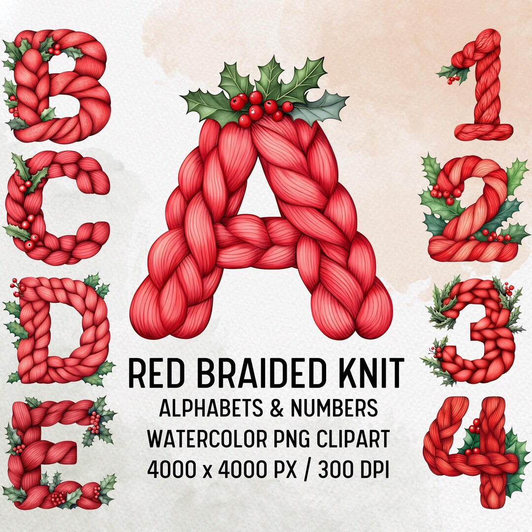 Red Braided Knit Alphabet Clipart, Cozy Knitted Letters PNG, Handmade ...