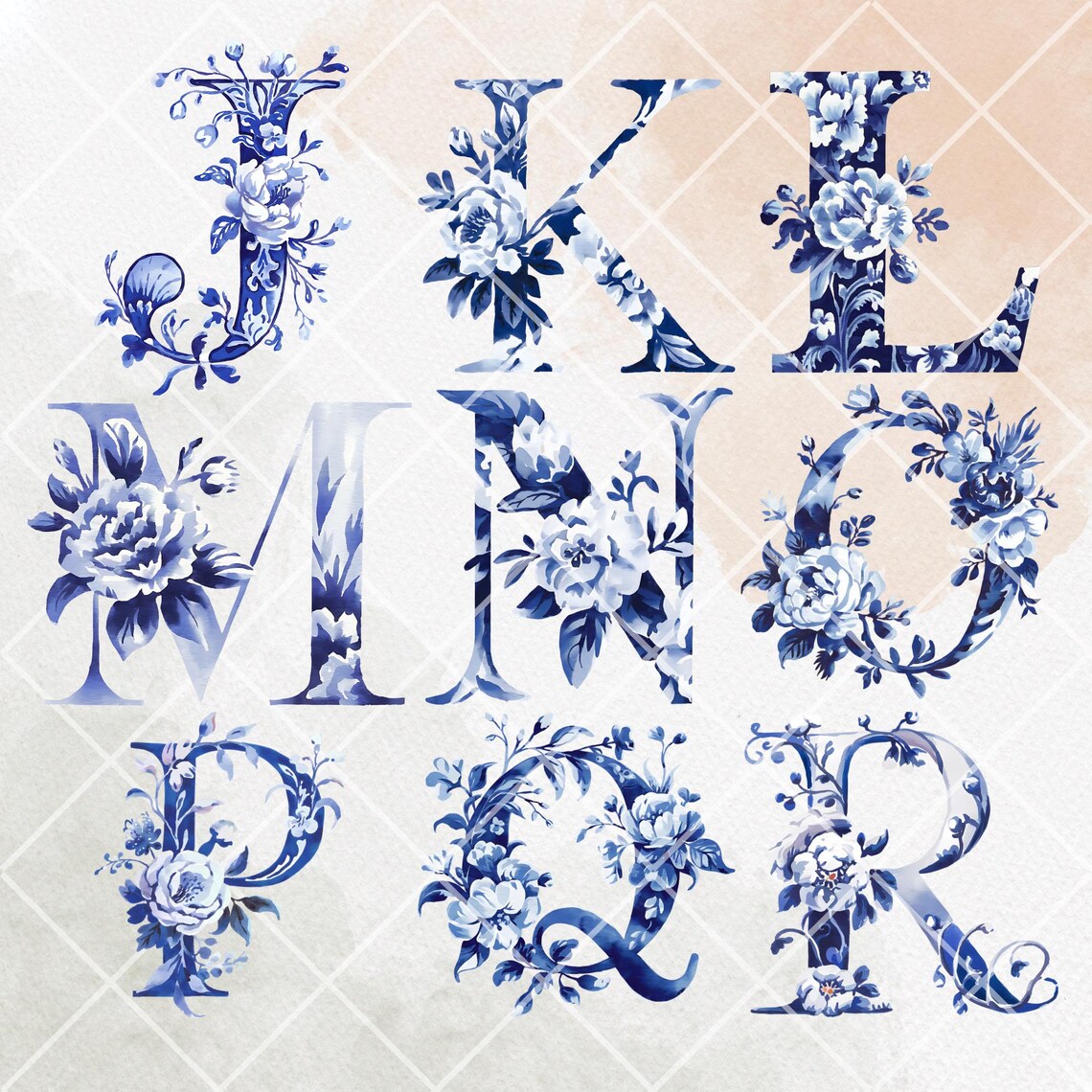 Chinoiserie Floral Alphabet PNG Clipart: Watercolor Blue Letters ...