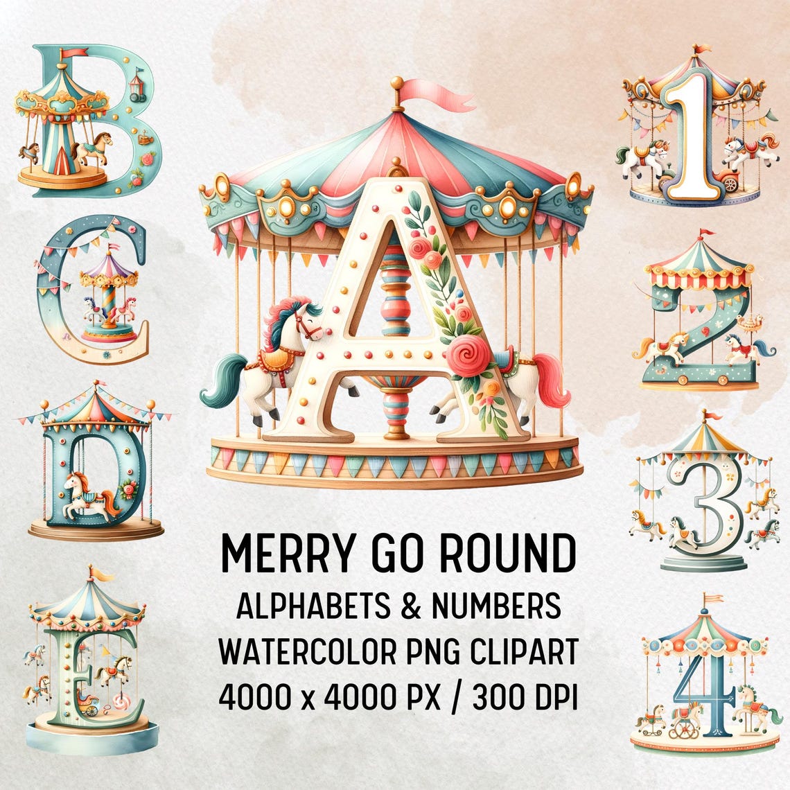 Merry-go-round Alphabet Clipart, Carnival Letters PNG Designs, Vintage ...