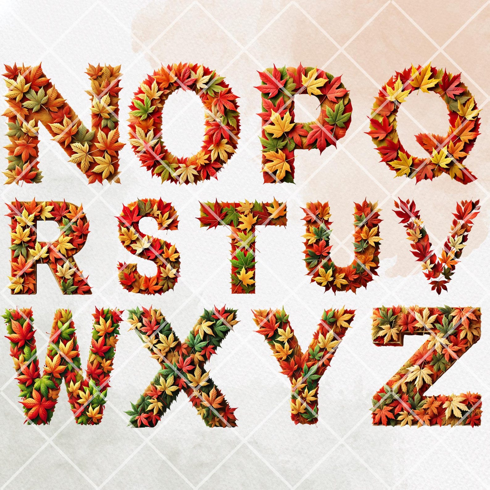 Autumn Maple Leaf Alphabet Clipart: Watercolor PNG Designs (digital ...