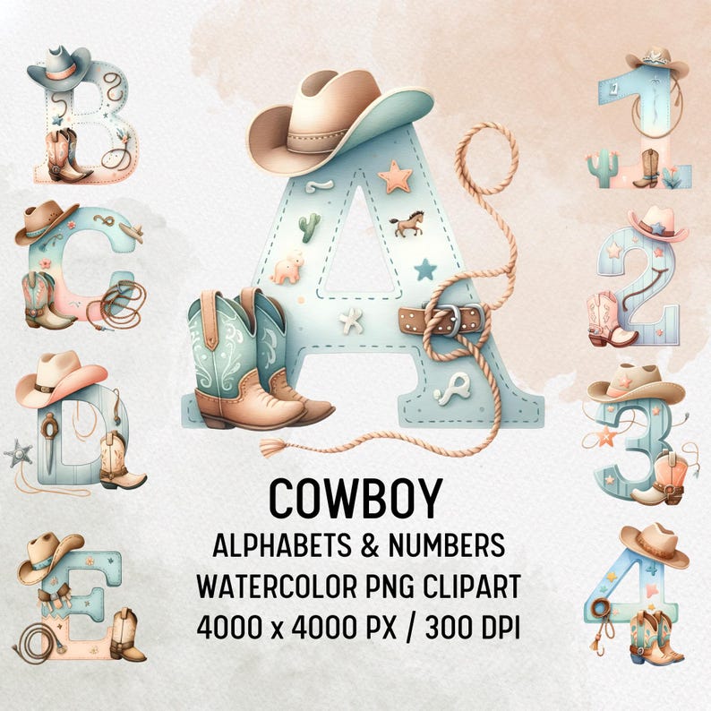 Cowboy Alphabet Clipart, Western Rodeo Letters PNG Designs, Rustic Wild ...