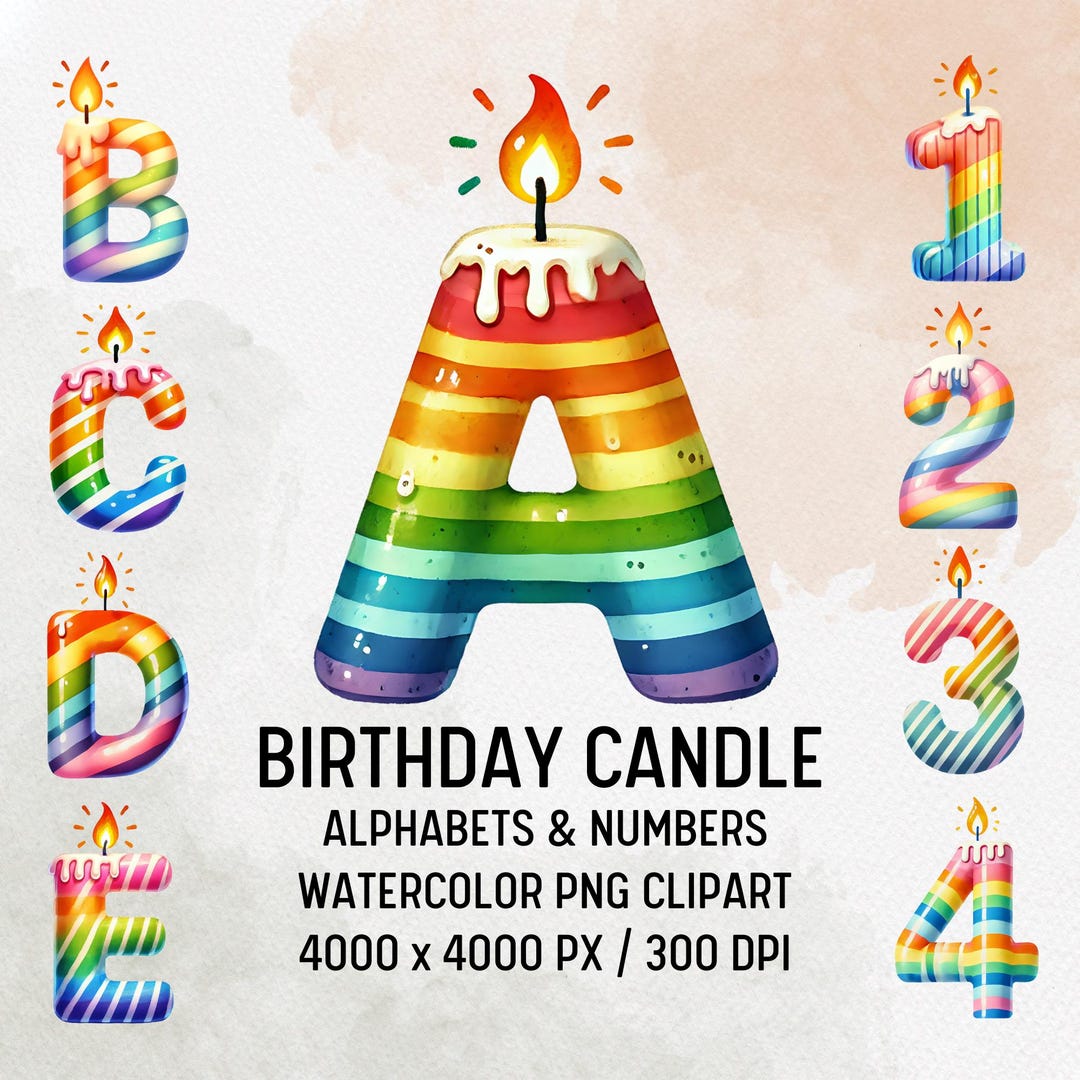 Birthday Candle Alphabet Clipart PNG Colorful Rainbow Birthday Letters ...