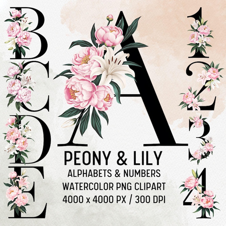 Watercolor Flowers Alphabet PNG, Peony&lily Alphabets Clipart, Floral ...