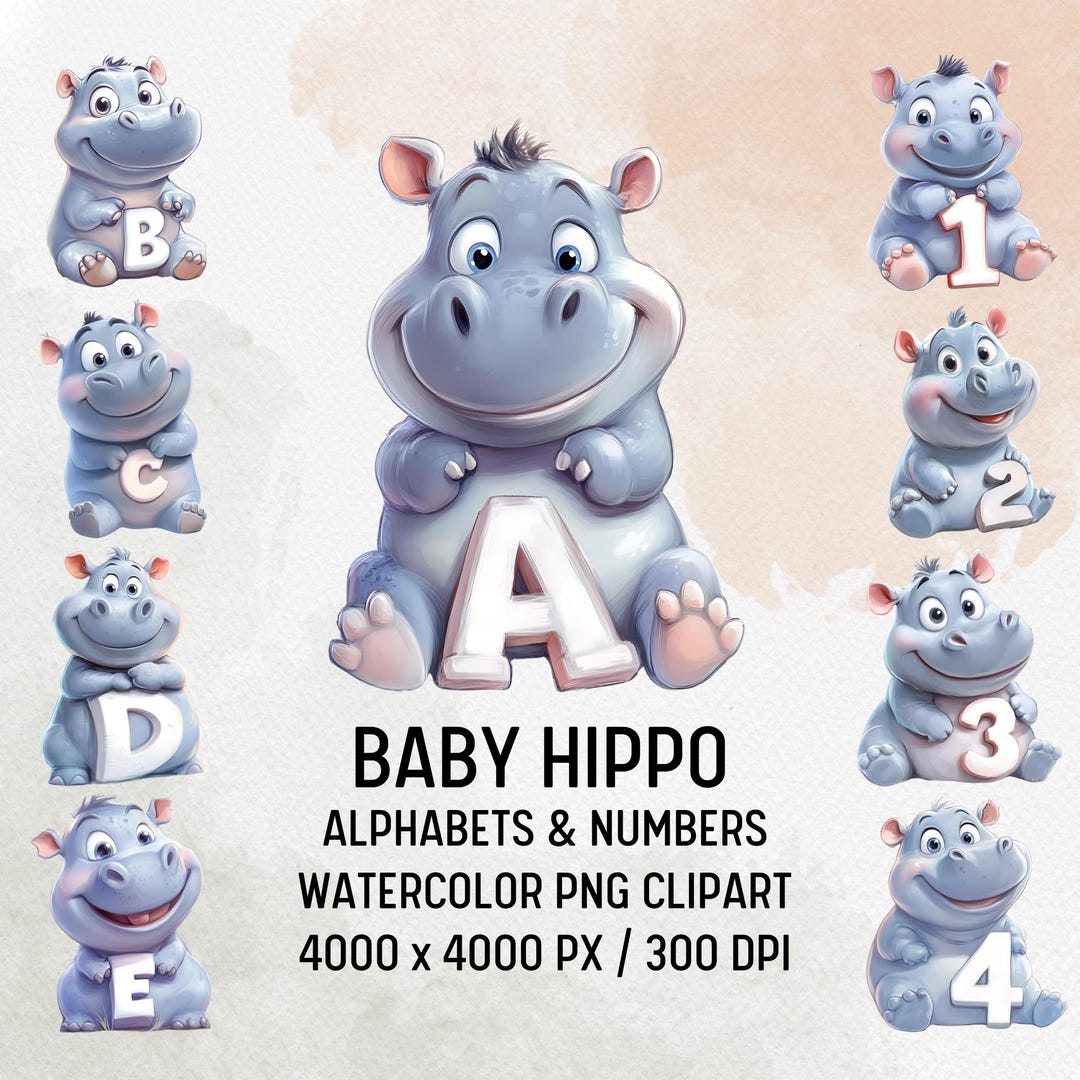 Cute Baby Hippo Alphabet Clipart, Adorable Hippo Letters PNG ...