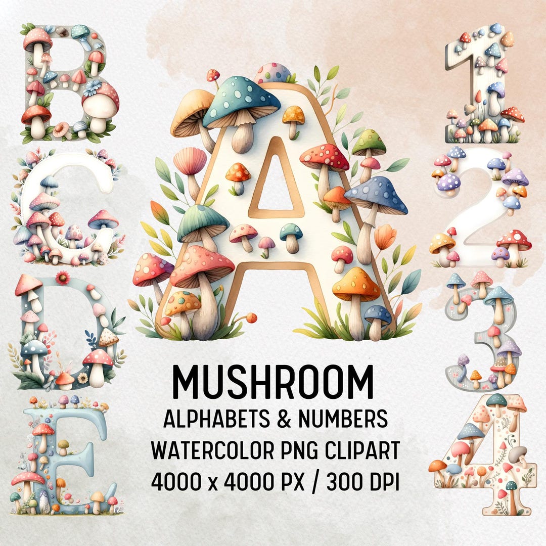 Mushroom Alphabet Watercolor Clip Art, Whimsical Letters for Craft ...