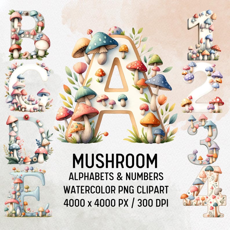Mushroom Alphabet Watercolor Clip Art, Whimsical Letters for Craft ...