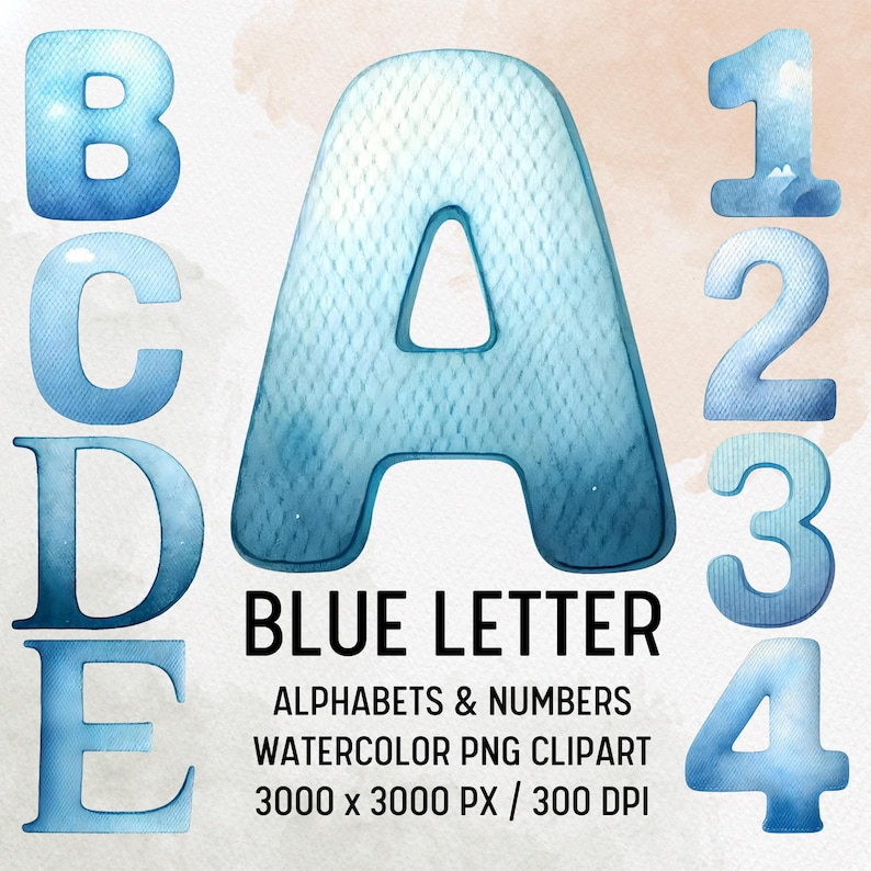 Blue Watercolor Painted Alphabet PNG Clipart, Printable Letters PNG ...