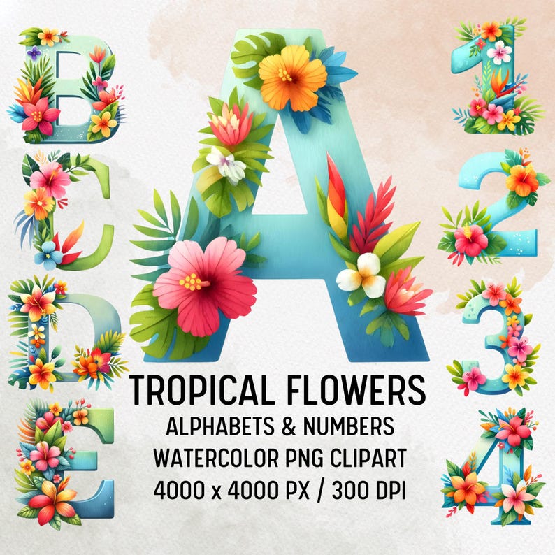 Tropical Floral Alphabet Clipart: PNG Watercolor Letters (digital ...