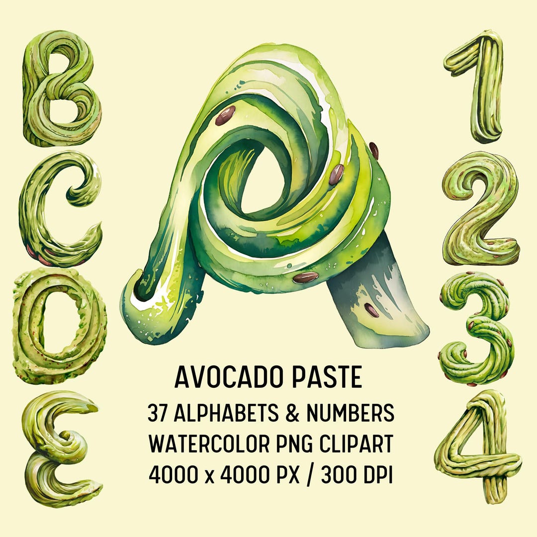 Avocado Paste Alphabet PNG, Clioart Style Font, Green Watercolor ...