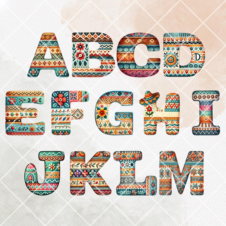 Hispanic Heritage Alphabet Clipart: Latin Folk Art PNG Font (digital ...