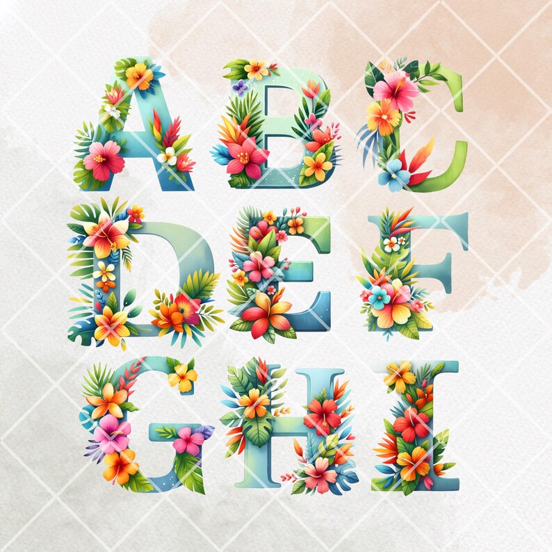 Tropical Floral Alphabet Clipart: PNG Watercolor Letters (digital ...