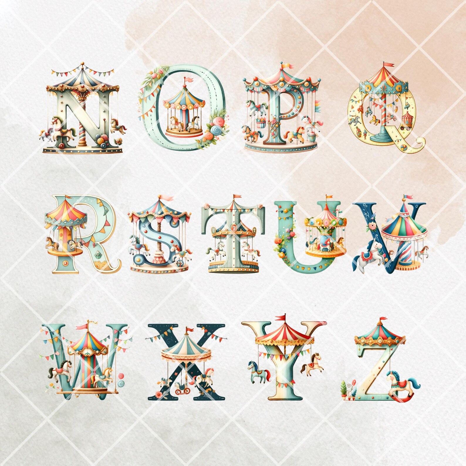 Carousel Alphabet Clipart: Vintage Carnival Letters PNG (digital ...