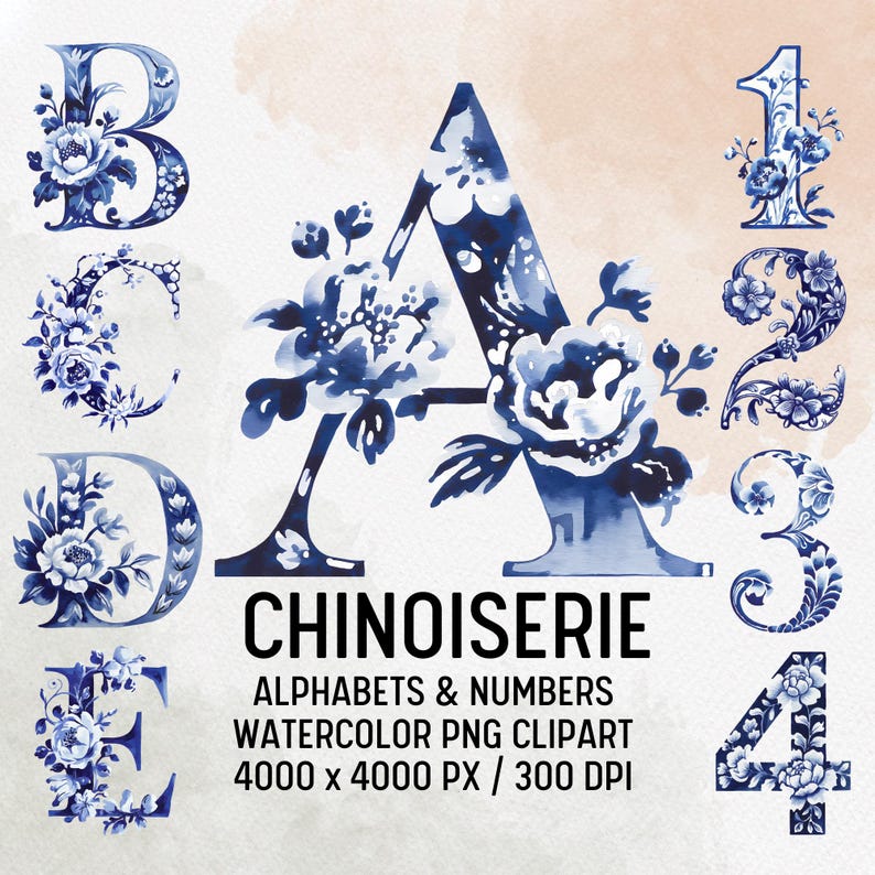 Chinoiserie Alphabet PNG Clipart, Watercolor Flowers Alphabet PNG ...