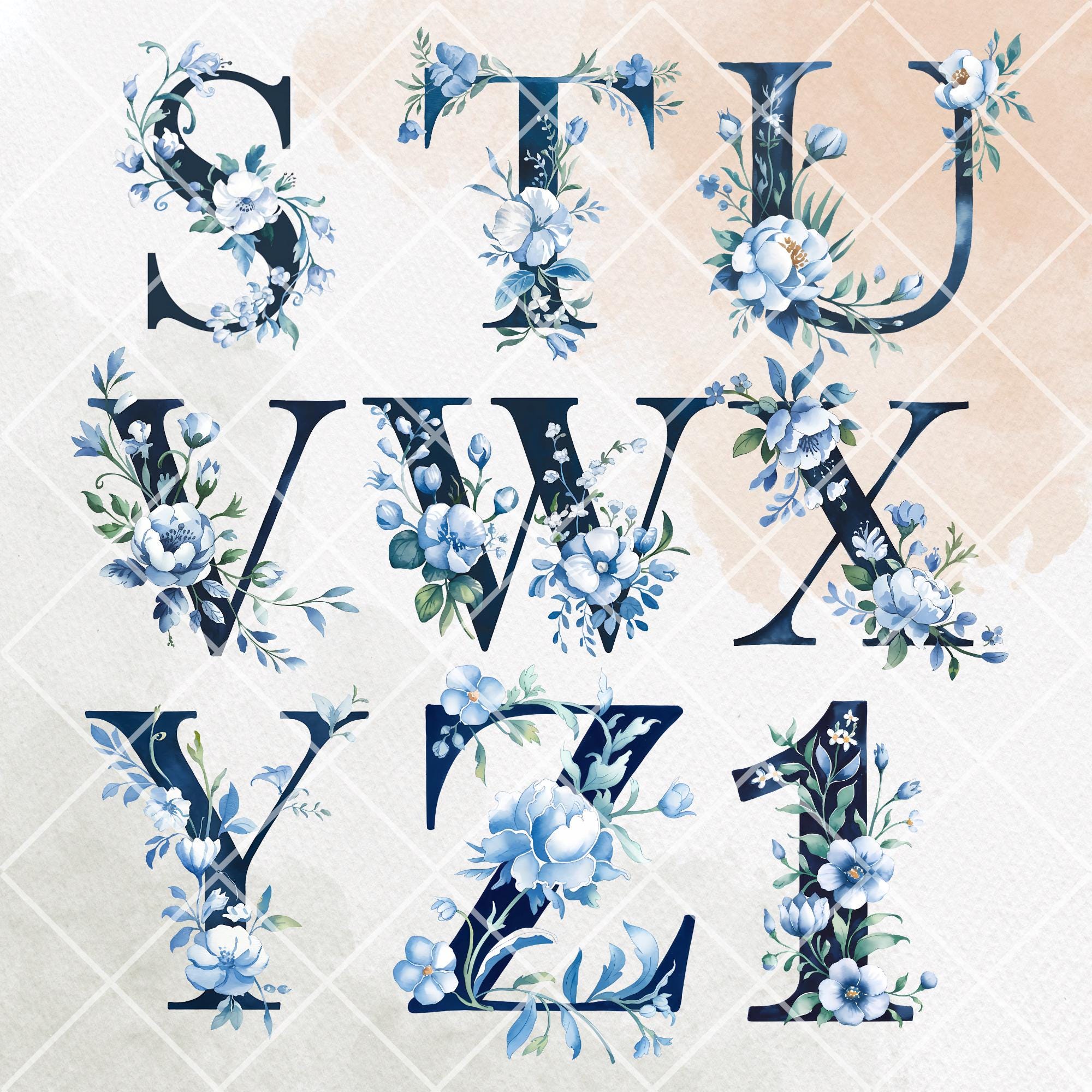Chinoiserie Alphabet PNG Designs, Watercolor Flowers Alphabet PNG ...