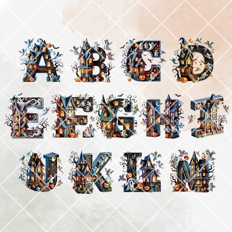 Halloween Haunted House Alphabet Clipart (PNG) - Etsy