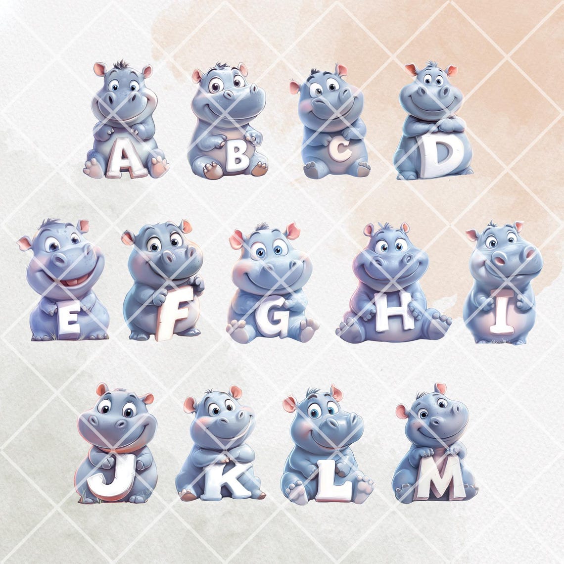 Cute Baby Hippo Alphabet Clipart, Adorable Hippo Letters PNG ...