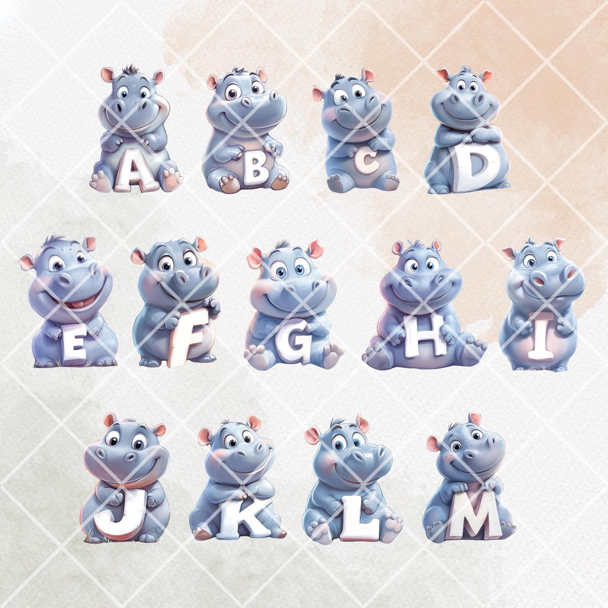 Cute Baby Hippo Alphabet Clipart, Adorable Hippo Letters PNG ...