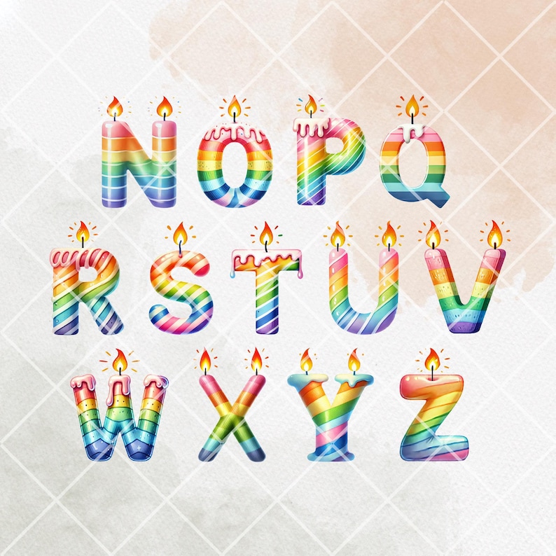 Birthday Candle Alphabet Clipart PNG Colorful Rainbow Birthday Letters ...