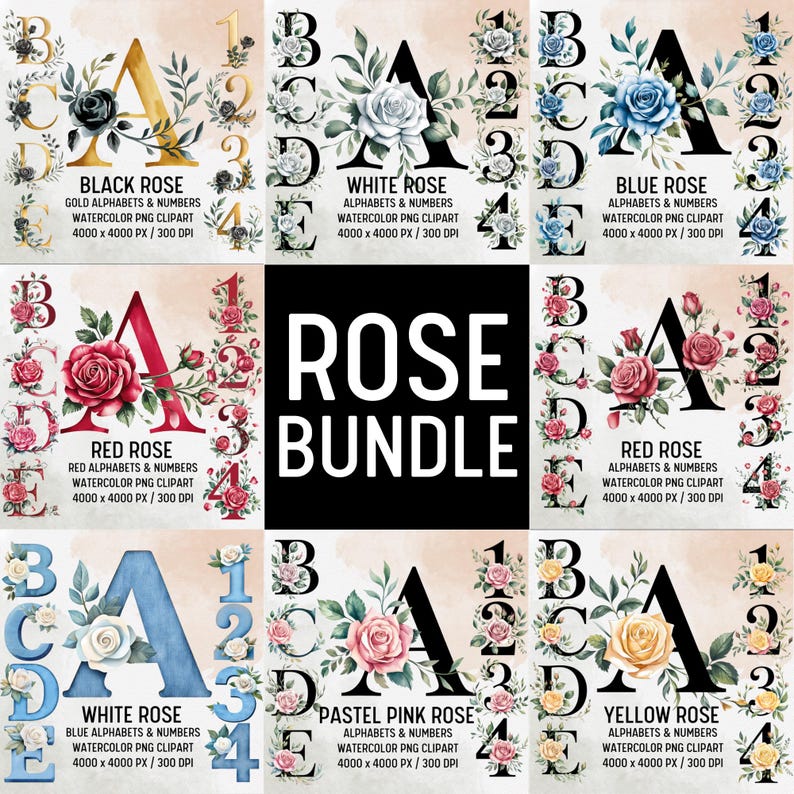 Rose Alphabets Clipart Bundle, PNG Letters With Floral Design, Floral ...